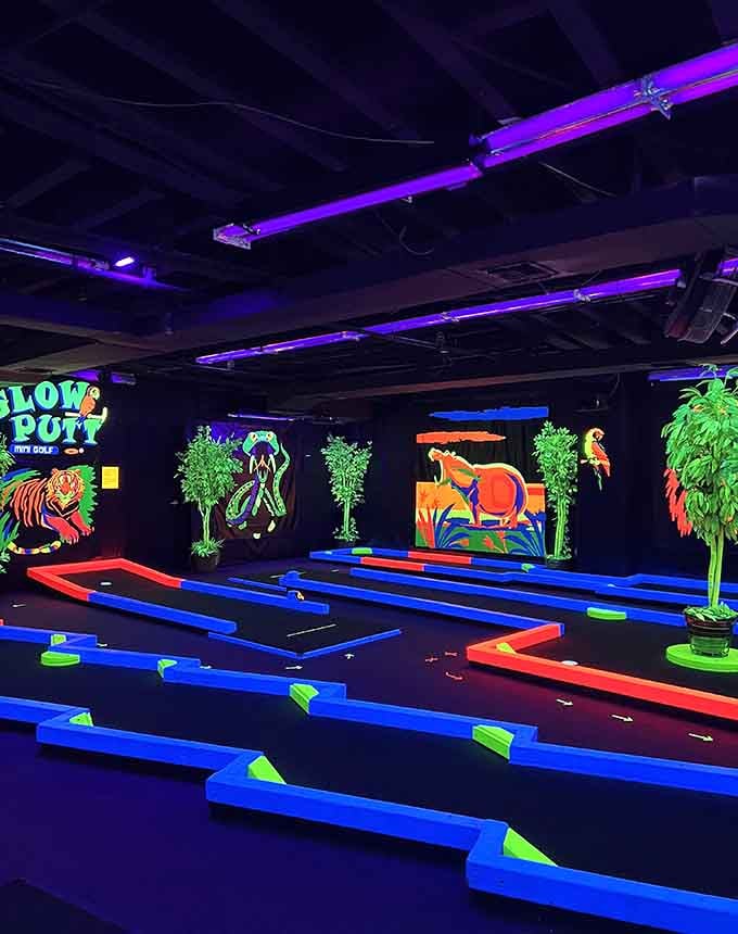 Multiple lanes of neon-bright mini golf stretch before you like a fluorescent highway to fun and friendly competition.