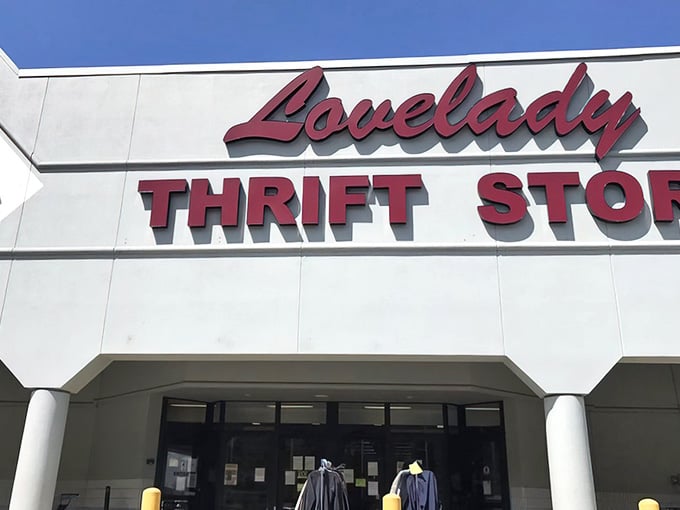 That bold red signage isn't just announcing a thrift store, it's declaring a bargain hunter's paradise has arrived.