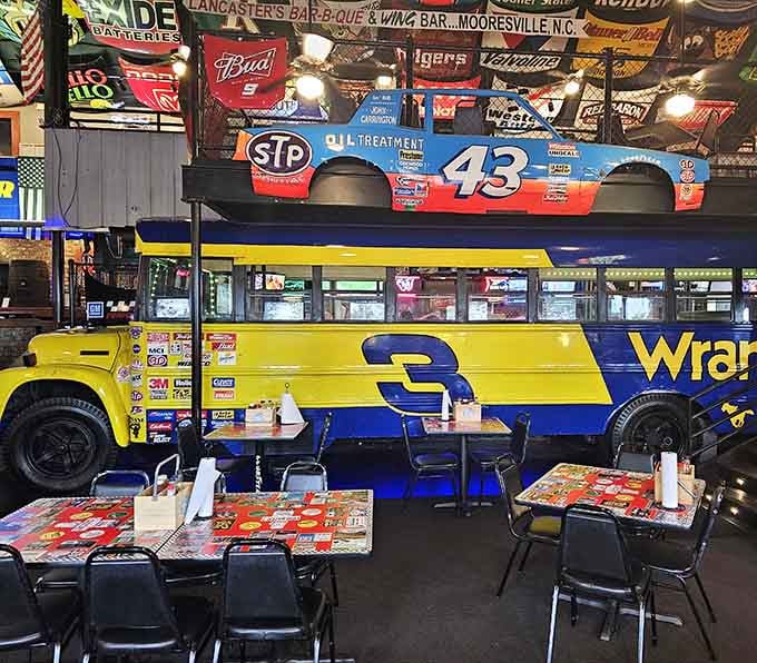 That yellow school bus isn't taking anyone to math class, just straight to barbecue heaven and back.
