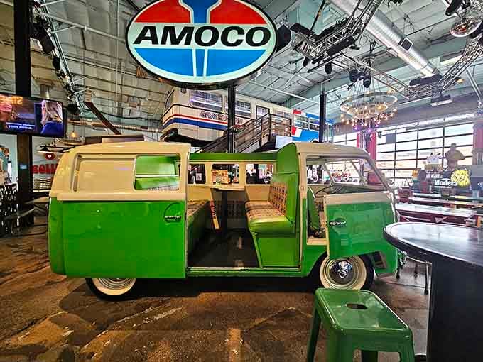 That green VW van isn't heading to Woodstock, it's your table for lunch under the vintage Amoco sign.