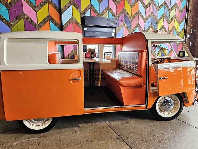 Step inside where burnt orange leather seats await, because eating at a regular table is so last century.