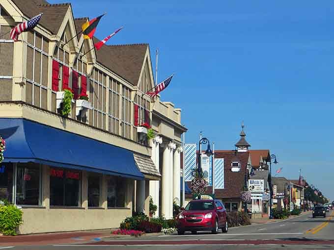 Frankenmuth's charming Main Street showcases Bavarian architecture and colorful storefronts that transport you straight to a German village in Michigan's heartland.