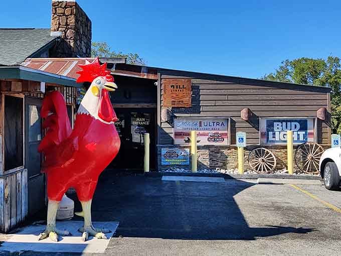 That magnificent red rooster isn't just yard art, it's your promise that serious comfort food awaits inside.
