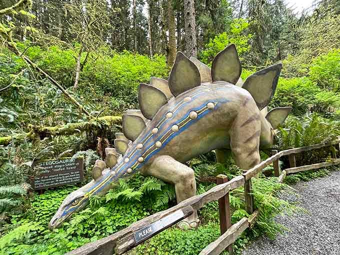 This Stegosaurus has been posing in the rainforest longer than most of us have been alive, and honestly, it's aging better too.