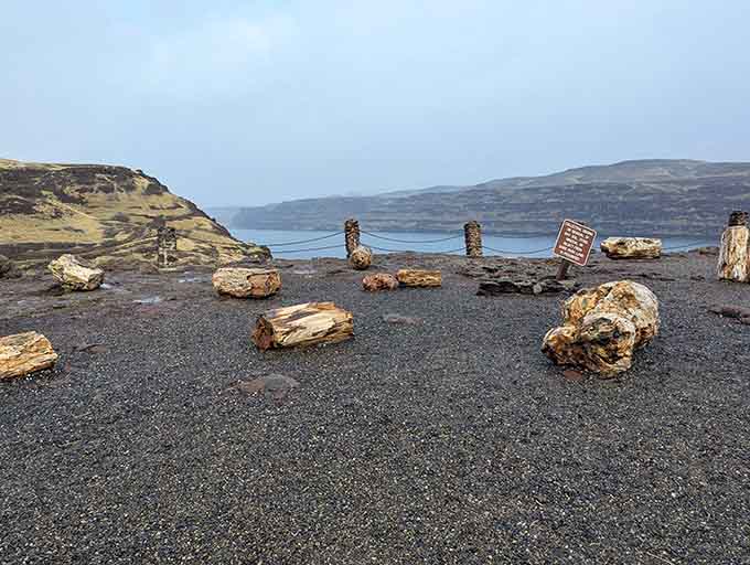 Stone logs scattered across volcanic soil with the Columbia River backdrop&mdash;nature's own sculpture garden, 15 million years in the making.