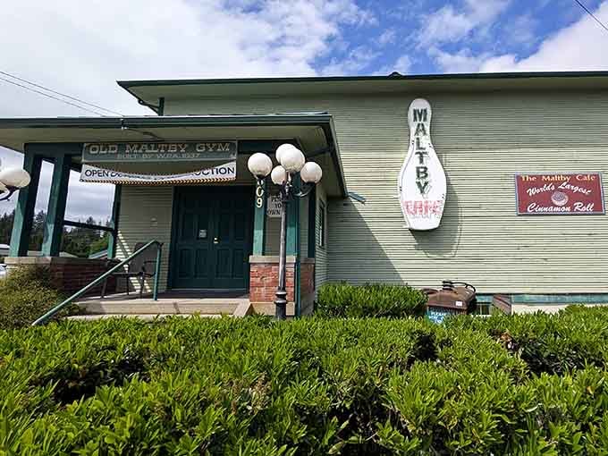 The exterior proudly displays its old gymnasium heritage, now serving up memories instead of dodgeball-induced trauma.