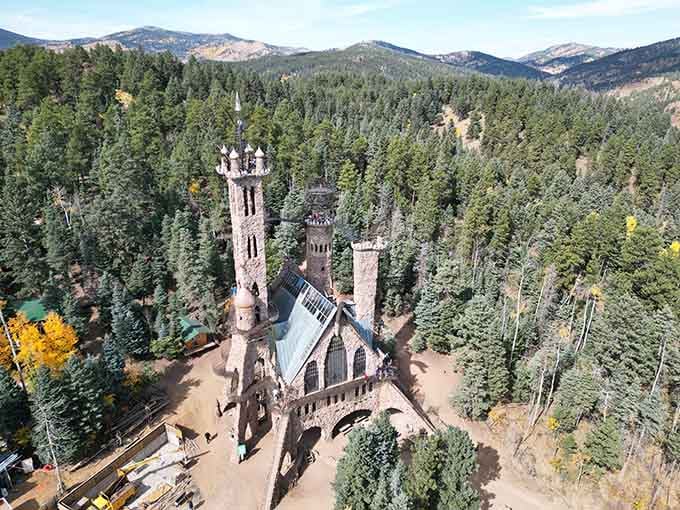 The dragon perches above like it's guarding treasure, though the real treasure is the view from up there.