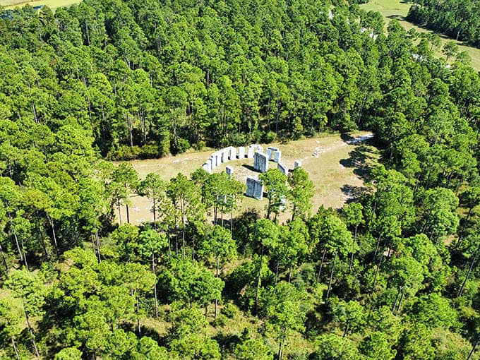 From above, Bamahenge looks like someone dropped a prehistoric monument into the Alabama woods and nobody questioned it.