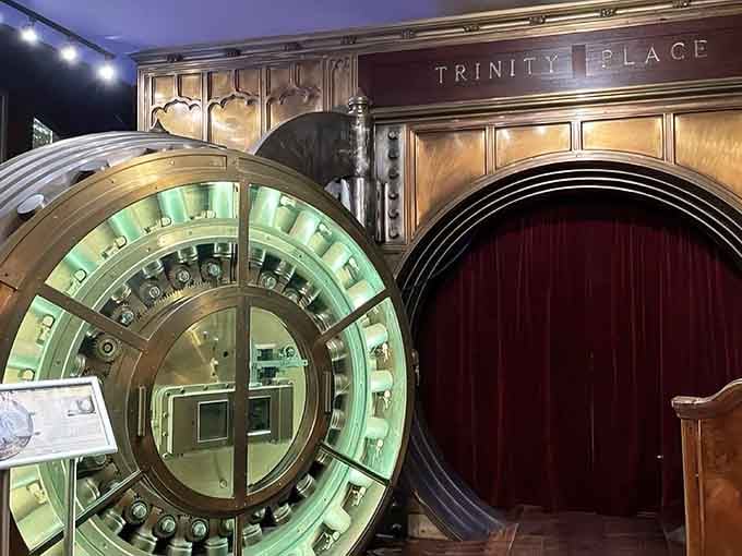 The massive circular vault door at Trinity Place weighs several tons and serves as the dramatic entrance to an unforgettable dining experience.