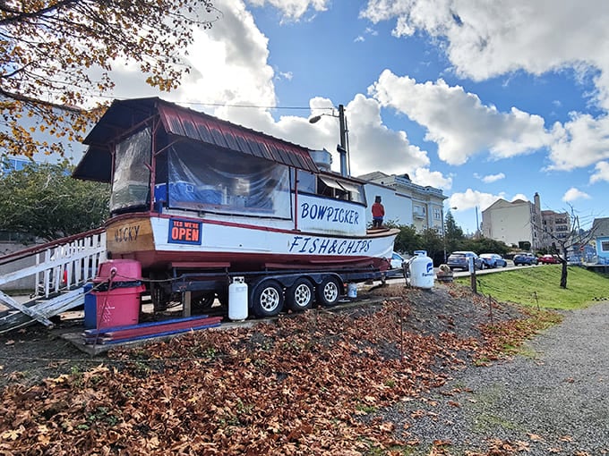 A retired fishing boat serving fish and chips from a gravel lot is peak Oregon brilliance.