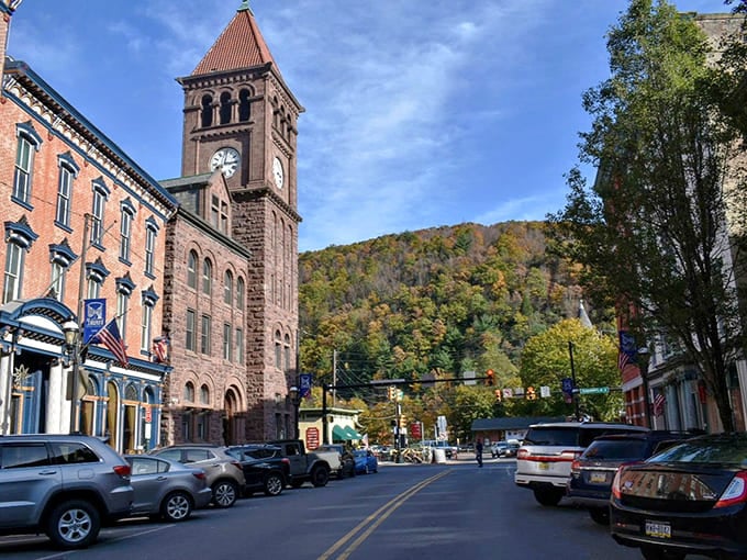 Broadway's clock tower stands sentinel over a town that literally bought its identity from history.