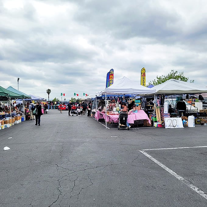 Rows of colorful canopies stretch across the asphalt under moody skies, creating a bargain hunter's paradise where treasures await at every pink-clothed table.