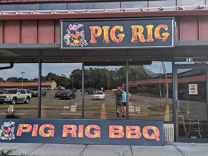 The glowing Pig Rig BBQ sign beckons like a smoky lighthouse for the hungry and barbecue-deprived souls of Connecticut.