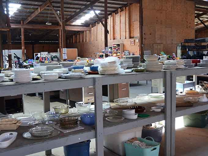 Dish heaven! Row upon row of plates and serving pieces stand ready for adoption into new homes where they'll star in family dinners once again.