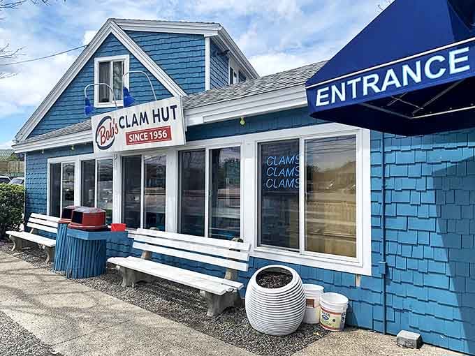 The blue beacon of seafood heaven! Bob's Clam Hut stands proudly along Route 1 in Kittery, its picket fence and picnic tables promising authentic Maine deliciousness.