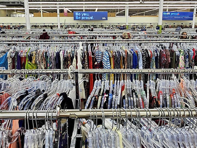 Rack after rack of clothing stretches to the horizon like a textile Grand Canyon. The thrill of the hunt begins here, where fashion treasures hide in plain sight.