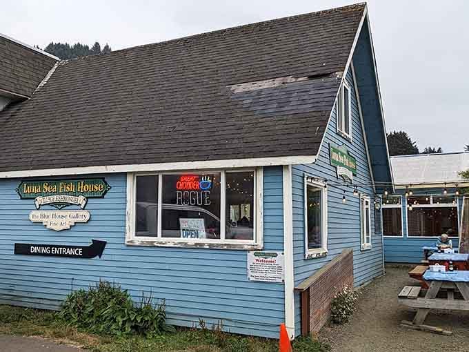 The cheerful blue facade promises good things ahead, like a coastal beacon guiding hungry travelers to chowder salvation.