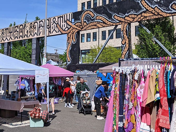 The iconic entrance to Portland Flea welcomes treasure hunters with vibrant colors and the promise of vintage delights waiting to be discovered.