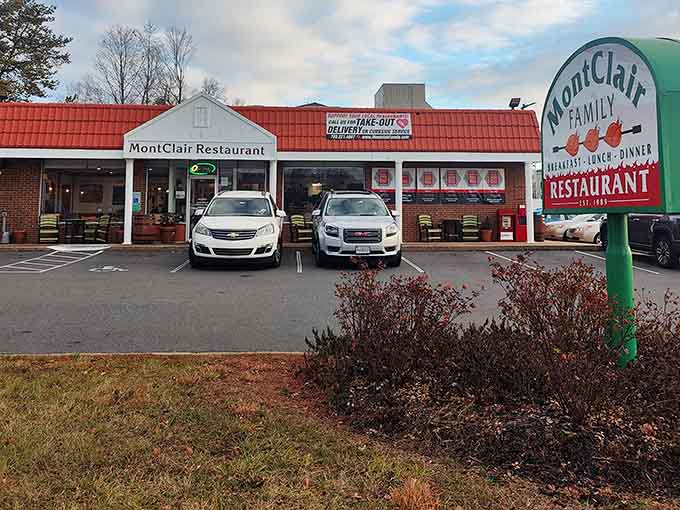 The full view reveals Montclair's dual personality&mdash;part family restaurant, part culinary time machine. That sign promises breakfast, lunch, and dinner, but delivers memories with every meal.