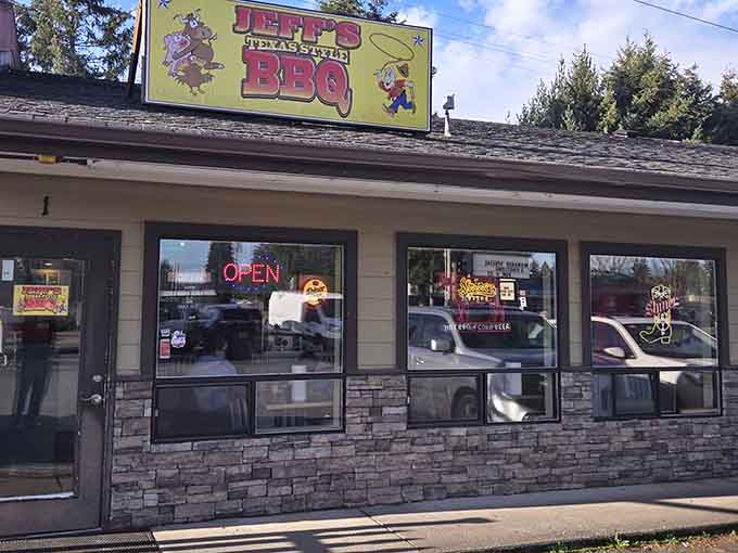 Morning light catches the iconic sign, while the "OPEN" beckons like a siren song to barbecue pilgrims seeking smoky salvation.