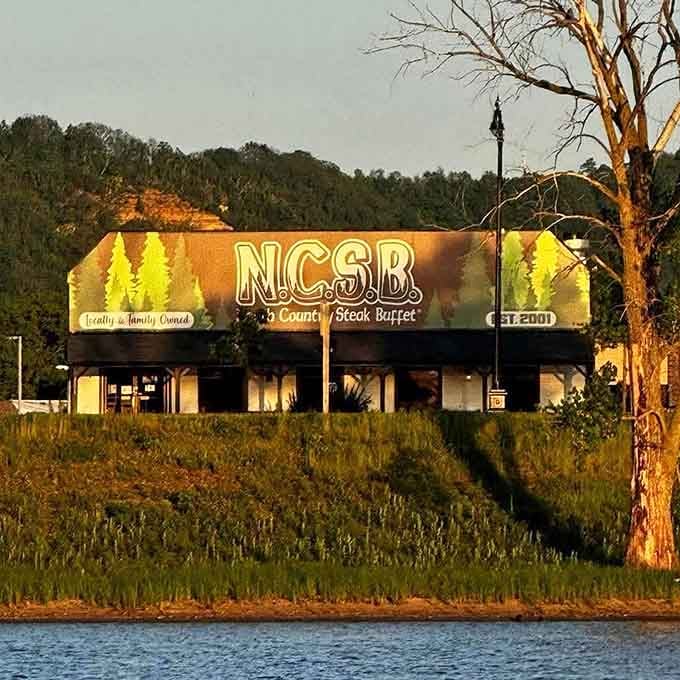 The N.C.S.B. sign glows like a beacon of hope for anyone who's ever dreamed of unlimited steak at reasonable prices.