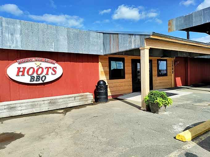 The red and wood exterior of Hoot's BBQ isn't trying to be fancy&mdash;it's too busy perfecting what's inside. Small-town charm, big-time flavor.