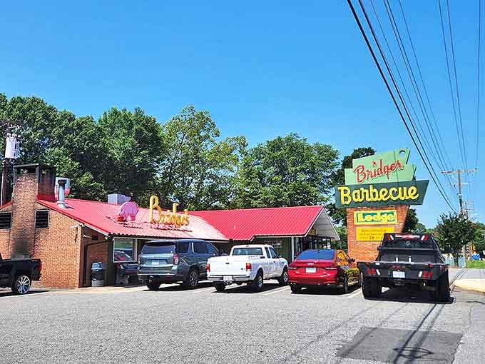 That iconic red roof and vintage "Bridges" sign against the Carolina blue sky is like a beacon calling all barbecue pilgrims home.