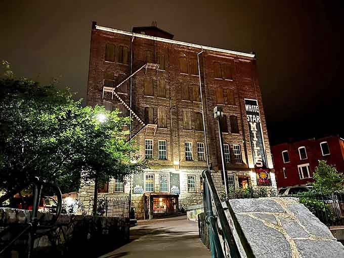 The historic White Star Mill building stands tall in downtown Staunton, glowing with promise and seriously good barbecue.
