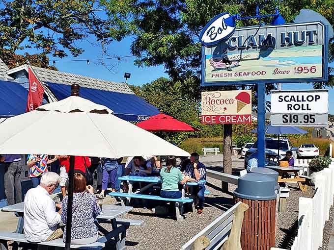 The blue beacon of seafood heaven! Bob's Clam Hut stands proudly along Route 1 in Kittery, its picket fence and picnic tables promising authentic Maine deliciousness.