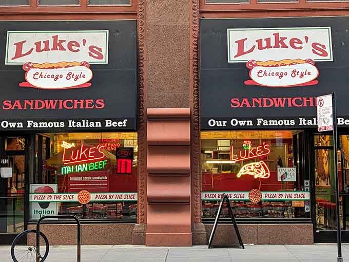 The neon glow that guides hungry Chicagoans home. Luke's windows light up the street with promises of Italian beef that's worth every delicious, messy bite.