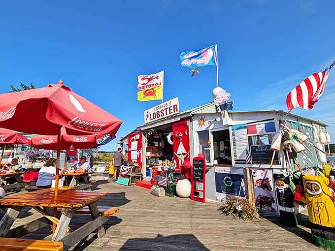 A seafood paradise hiding in plain sight. Sprague's colorful shack with its red doors and nautical flags promises the authentic Maine experience you've been craving.