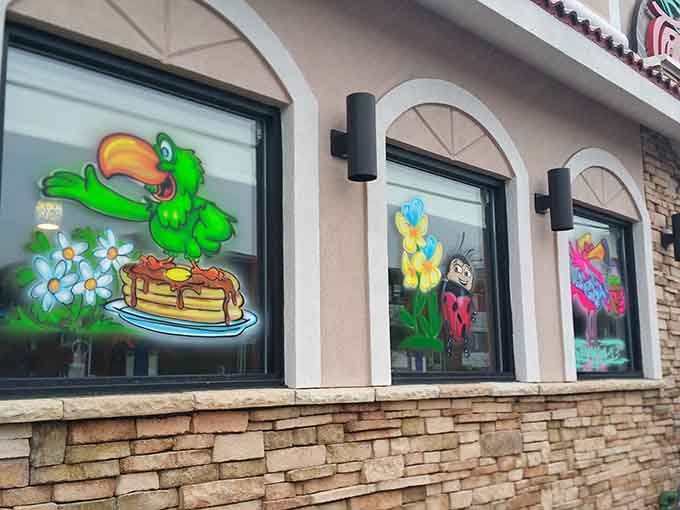 Brightly painted windows give this New Jersey diner a burst of tropical fun, making it unforgettable.