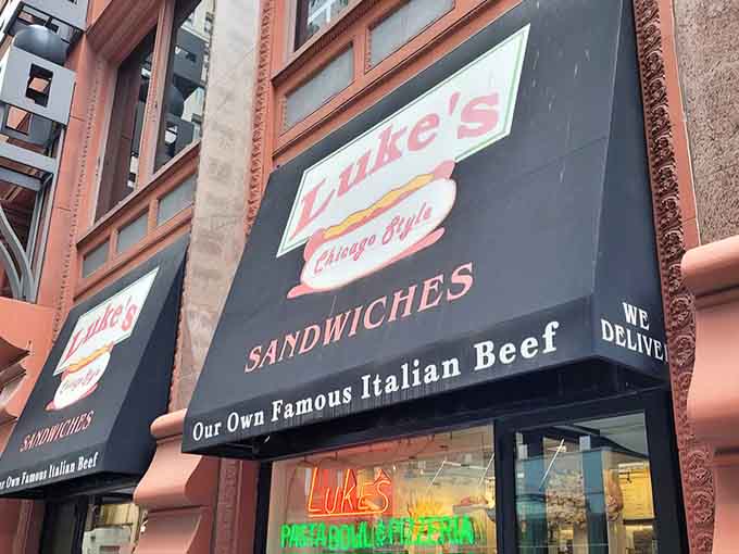 No fancy frills, just serious sandwich business. Luke's awning proudly announces their famous Italian beef and delivery service&mdash;because sometimes beef emergencies happen at home.
