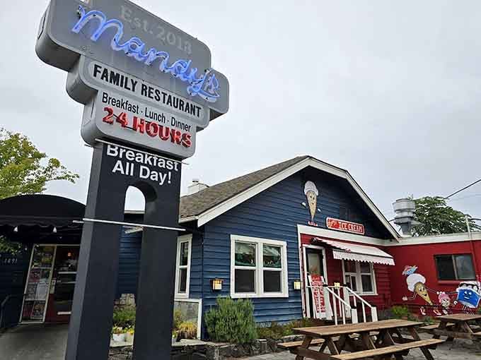 The neon sign promises 24 hours of comfort food, and that's a commitment we can all get behind.