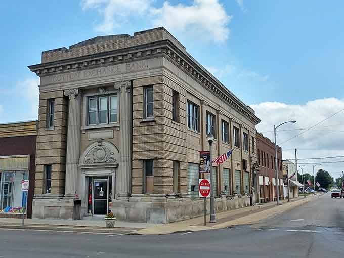 Classic bank architecture meets small-town charm where columns and cornerstones tell stories of community prosperity.