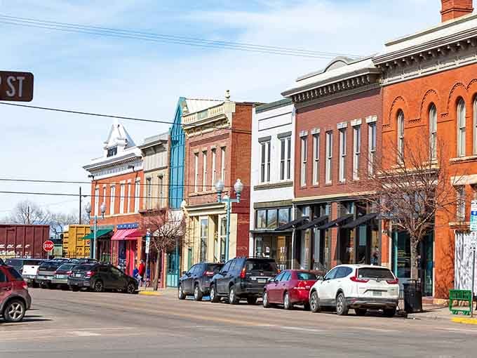 Colorful historic buildings line this charming downtown street, where brick facades and awnings create a welcoming small-town atmosphere.