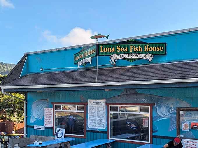 When a building wears its ocean love this boldly, you know the seafood inside means serious business.