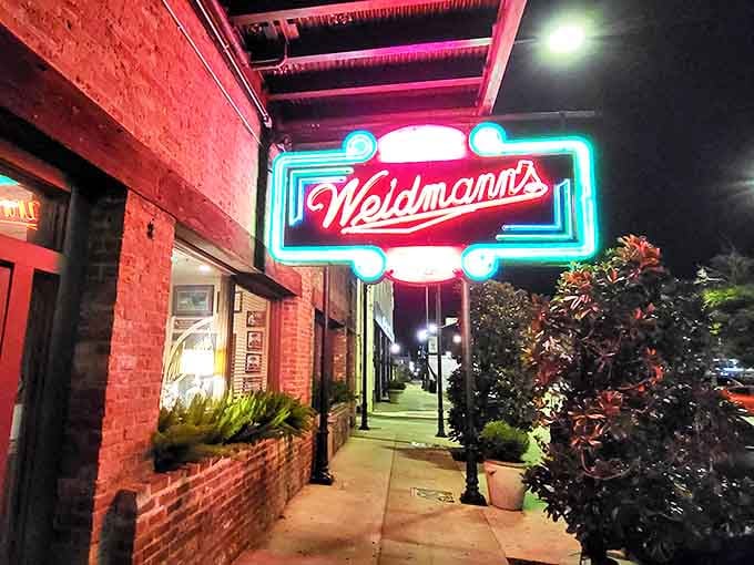 By night, Weidmann's neon glow transforms downtown Meridian into a scene from a Southern gothic novel&mdash;minus the ghosts, plus incredible fried green tomatoes.