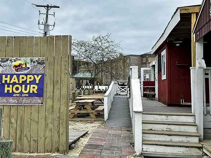 The weathered wooden deck and happy hour signs tell you everything you need to know&mdash;this place prioritizes cold beer and fresh seafood over fancy frills.