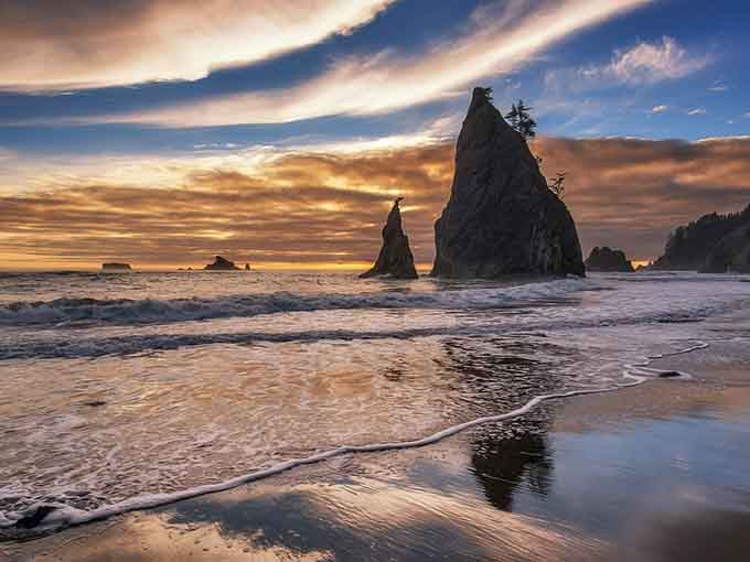 When the Pacific decides to show off, it creates masterpieces like these sea stacks rising from Rialto Beach.