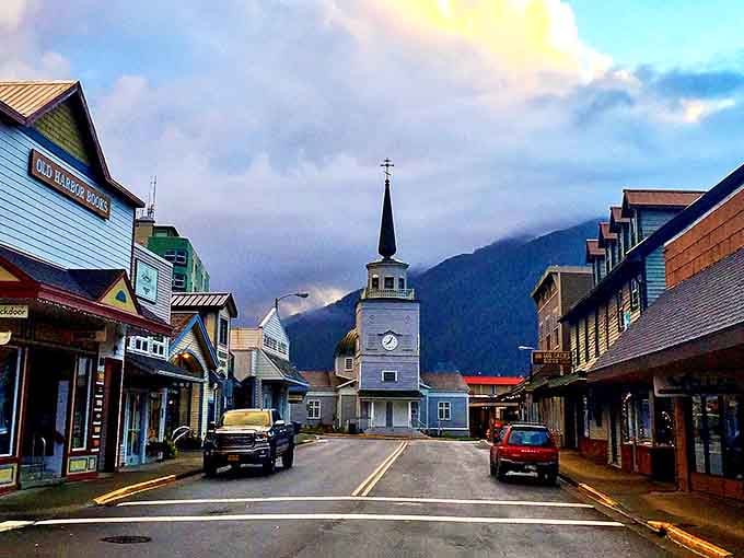 Downtown Sitka's historic district showcases the iconic St. Michael's Cathedral, where Russian colonial architecture meets small-town Alaskan charm.