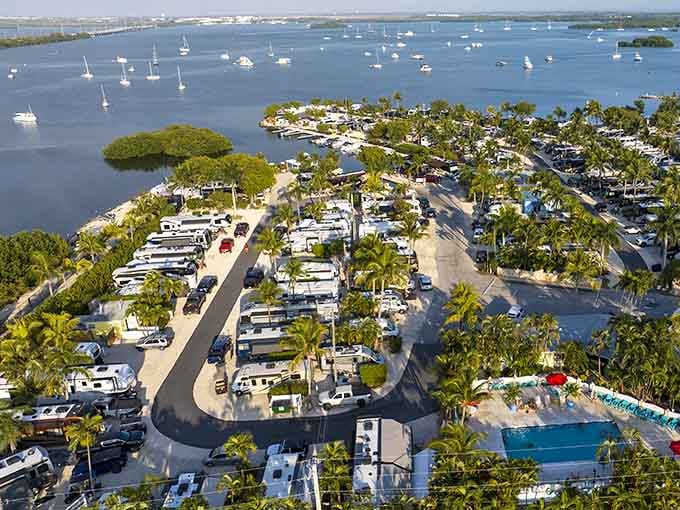An aerial view reveals the campground's prime real estate, where boats outnumber cars and stress is illegal.