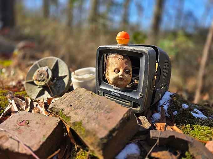 Discover quirky found-object art along this unique trail, where repurposed items like old doll heads create a truly memorable experience.