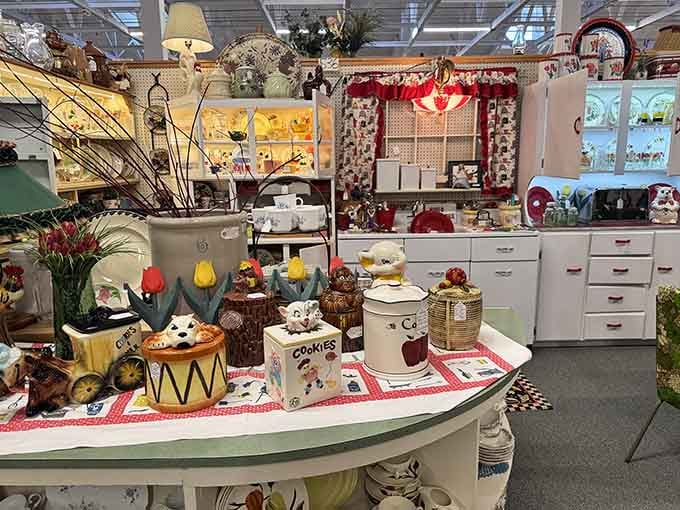 A vintage kitchen display that would make your grandmother say, "Hey, that's my cookie jar!" Nostalgia served family-style.