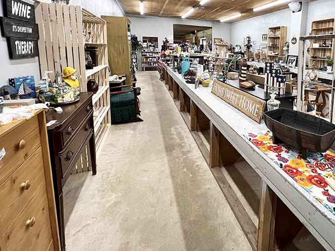The home goods section at Peach Bottom Consignment offers charming decor and furniture treasures arranged in neat, browsable aisles.
