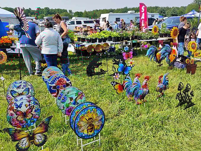 Garden art galore! These whimsical metal creatures bring Midwestern yards to life with a kaleidoscope of colors that survive even the harshest Indiana winters.