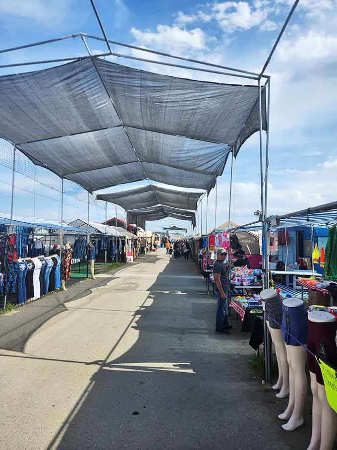 Those shade structures aren't just keeping the sun off the merchandise, they're protecting your wallet from spontaneous combustion.