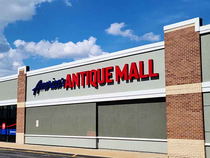 Bold red letters promise treasures within, like a beacon for collectors and curious souls alike.