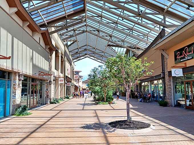 The covered walkway at Traverse Mountain combines shopping paradise with protection from Utah's elements &ndash; retail therapy with architectural flair.