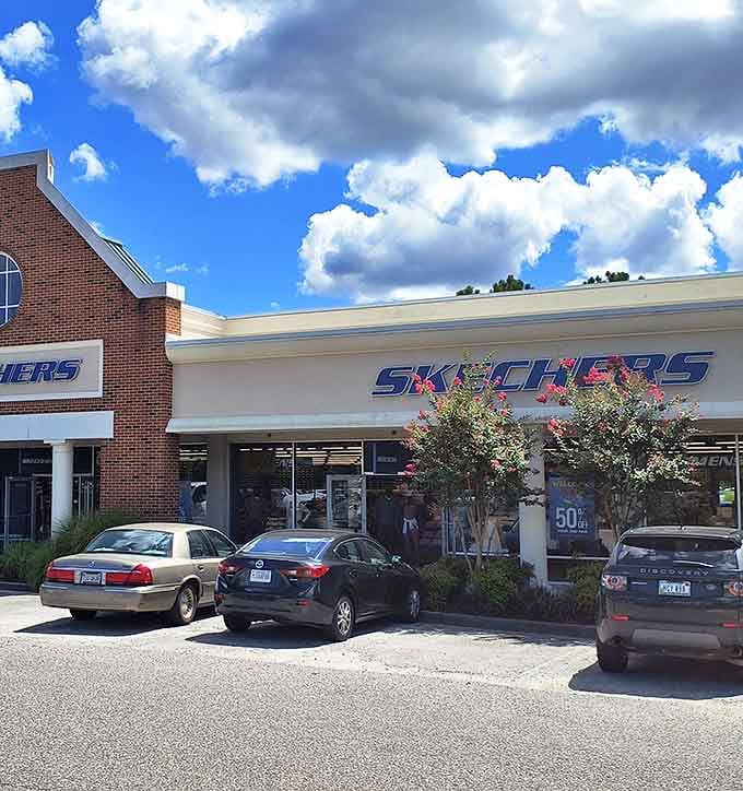 Skechers storefront beckons with promises of 50% off deals under Virginia's gorgeous blue skies and fluffy clouds.